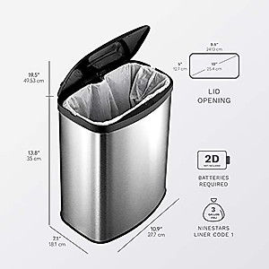 NINESTARS CB-DZT-50-9/8-1 Automatic Touchless Infrared Motion Sensor Trash Can Combo Set, 13 Gal 50L & 2 Gal 8L, Stainless Steel Base (Oval & Rectangular, Silver/Black Lid)