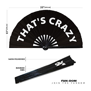 That's Crazy hand fan foldable bamboo circuit hand fan funny gag slang words expressions statement gifts Festival accessories Rave handheld Circuit event fan Clack fans (Black)