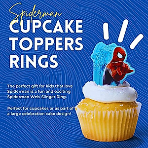 Spiderman Web-Slinger Rings, 12 Pack Cupcake Toppers, Two Designs, Party Favors.
