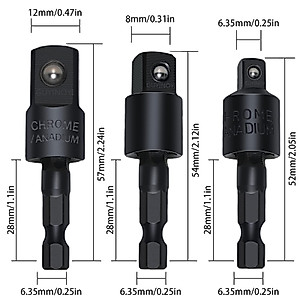 Power Hand Tools,Impact Driver Bit Set,360°Rotatable,3Pcs1/4"3/8"1/2"Hex Shank Set Power Drill Cordless Impact Sockets Bit Set Adapter,1/4Inch Hex Shank,to Drive for Adapters to Use with Drill Chucks