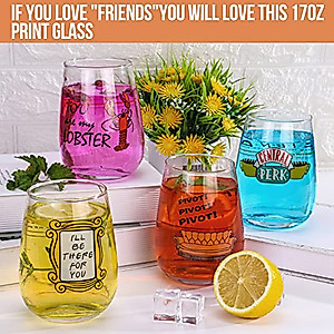 PSZEZNZ Friends tv Show Merchandise-Friends TV Show Wine Gifts for Women-Set of 4 Funny Wine Glasses 17oz-Stemless Glasses Housewarming Gift
