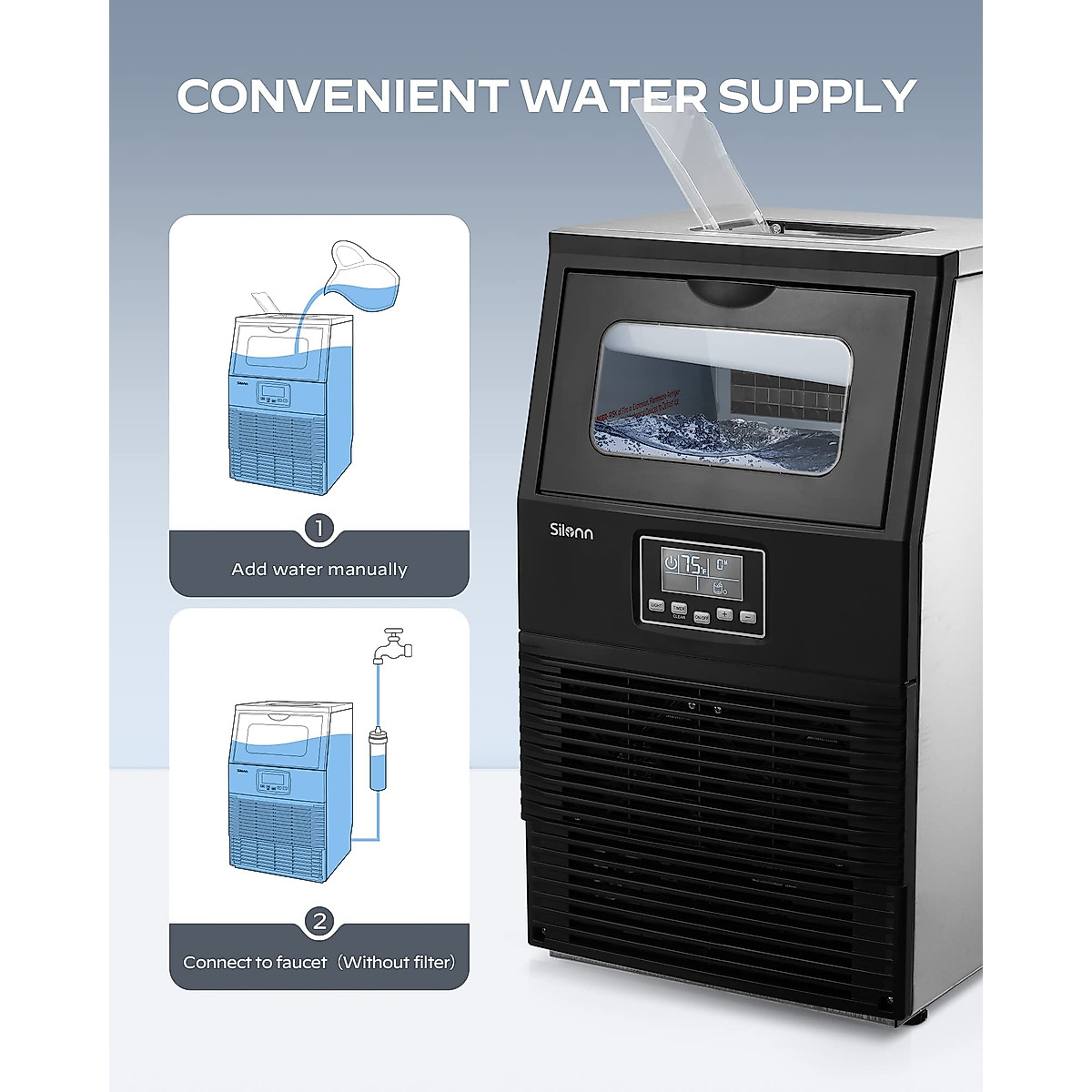 Silonn Commercial Ice Maker Machine, 84LBS/24H, Full Heavy Duty Stainless Steel Construction, Self-Cleaning, Clear Cube for Home Bar, Include Scoop, Connection Hose