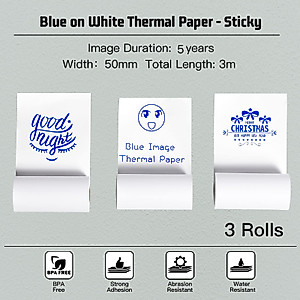 Memoking T02/M02X/M02L Blue on White Thermal Paper-5-Year Sticky 50mmx3m for Journal Photo Texts Study Notes and More, 3 Rolls