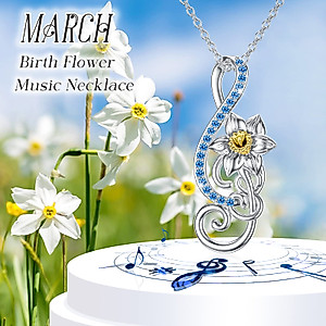 TOUPOP Music Note Necklace 925 Sterling Silver Dainty Daffodils Floral February Birth Flower Necklaces Music Jewelry Birthday Gifts for Women Mom Student