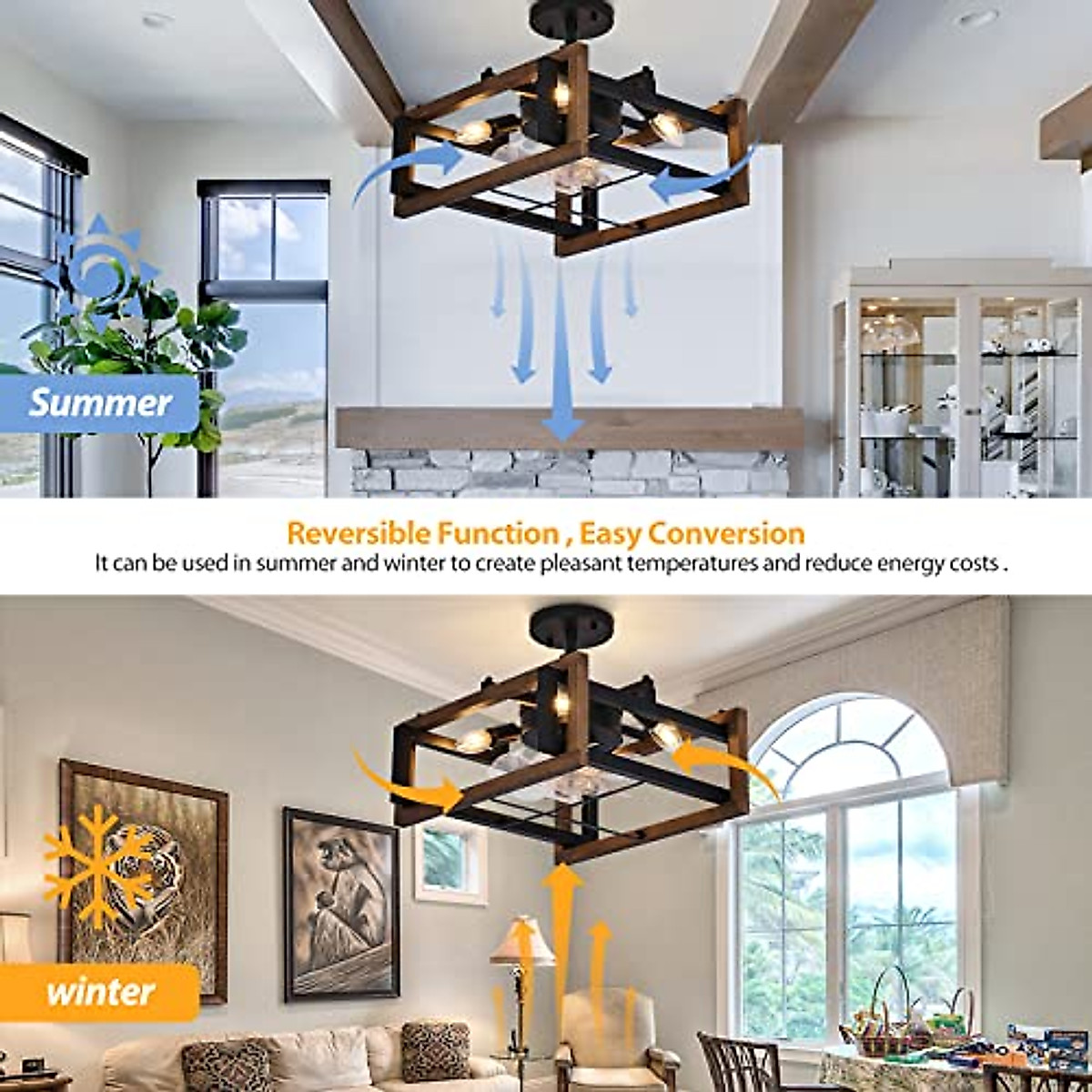 Hoeuns Low Profile Farmhouse Wood Ceiling Fan with Light and Remote Control for Bedroom Living Room Kitchen