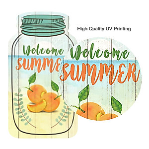 Putuo Decor Yellow Peach Mason Jar Sign, Summer Fruit Decorations for Garden, Yard, Patio, Porch, Front Door, 8.3x4.5 Inches Hanging Wall Plaque - Welcome Summer