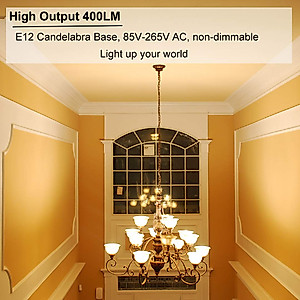 Vinaco E12 LED Bulb, 2 Pack E12 Candelabra Bulb 40 Watt Warm White 3000K, High Brightness 400LM & 25000+ Long Lifespan E12 Bulb, E12 Candelabra Base, E12 Light Bulb Great for Ceiling Fan Light Bulb