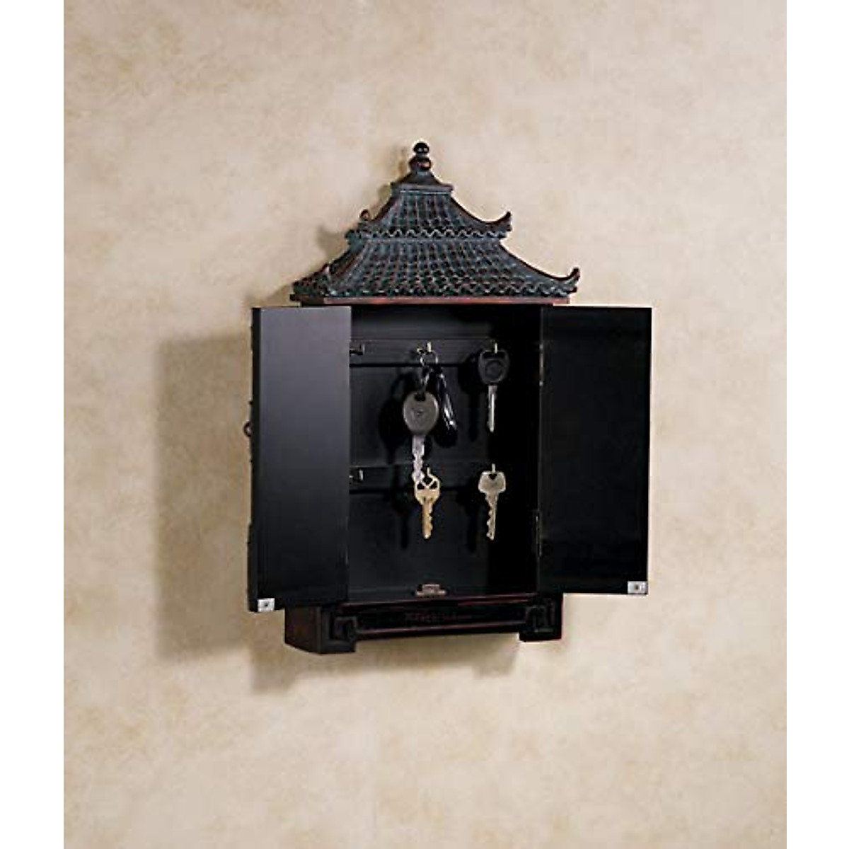 Touch of Class Oriental Pagoda Key Wall Cabinet Bronze - Oriental Furnishings Asian Accent - Accommodates Multiple Sets - Six Hooks Inside - Magnet Latched Double Door