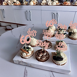 30Pcs Happy 60th Birthday Cupcake Toppers Rose Gold Glitter Sixty Cake Toppers Cheers to 60 Years Old Birthday Cupcake Picks for 60th Birthday Anniversary Party Cake Decorations Supplies