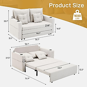 Busaurus 3 in 1 Loveseat Sleeper Sofa Couch Bed, 56" Full Size Convertible Sofa Bed, Pull Out Couch Bed with Storage Pocket, USB, Comfy Sofa Bed Couch for Living Room, Bedroom, Small Space, Beige