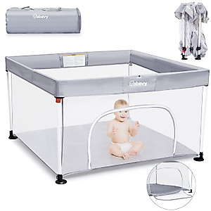 Babevy Foldable Baby Playpen Portable Baby Fence Play Yard for Babies and Toddlers with Gate, Indoor & Outdoor (Grey)