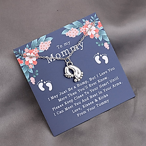 WSNANG First Time Mom Pregnancy Gift Necklace with Message Card Feet Footprints Pendant Necklace for Expecting Mom (Feet Bump NL Card)