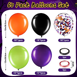 Sratte 60pcs Balloons Kit 12 Inch Confetti Balloons with 2 Rolls Ribbon Latex Balloon Party Favor Metallic Balloons for Birthdays Baby Shower Wedding Graduation Decorations (Orange,black,purple,green)