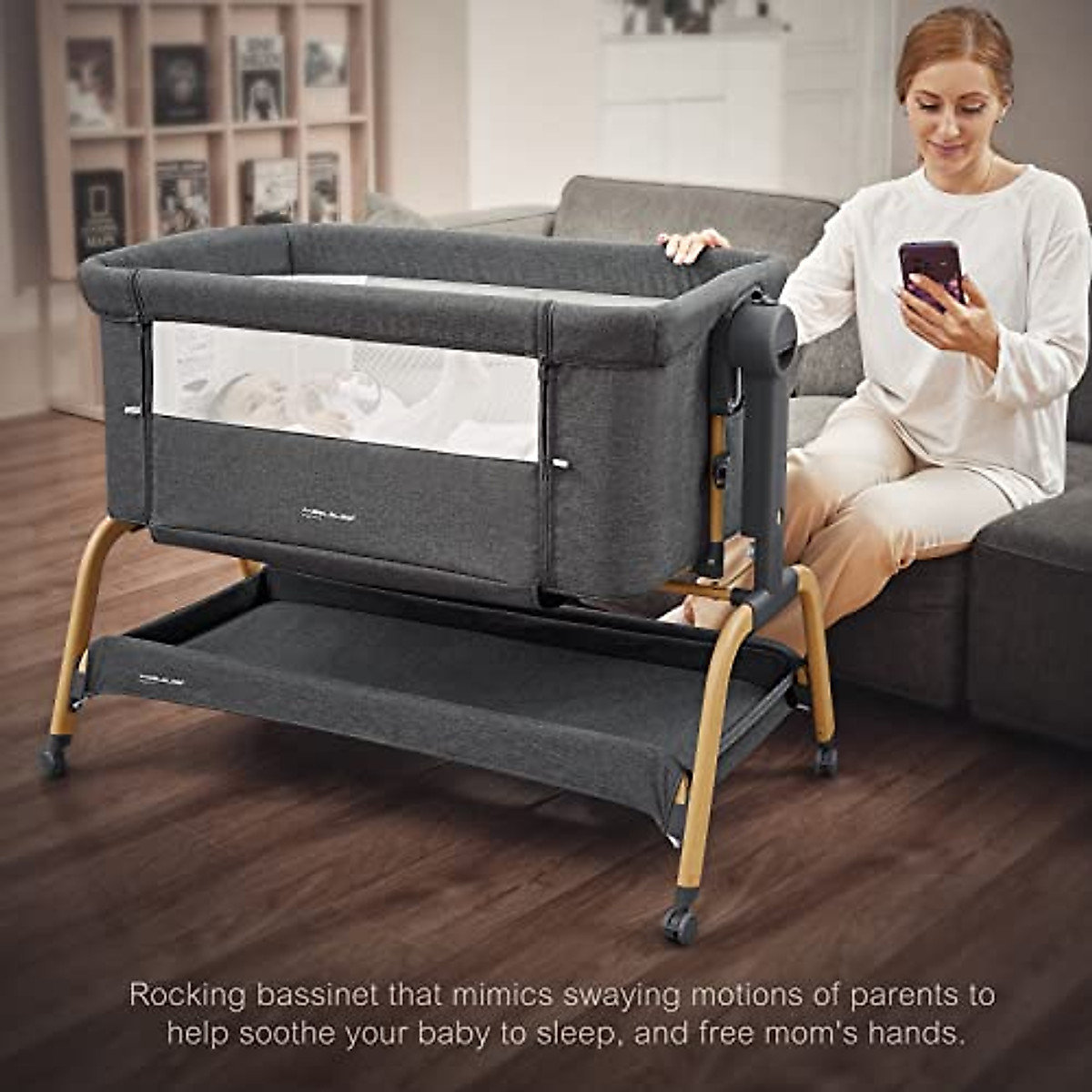 ANGELBLISS 3 in 1 Baby Bassinet, Rocking Bassinets Bedside Sleeper with Comfy Mattress and Wheels, 6 Height Adjustable Easy Folding Portable Bedside Crib for Newborn Infant
