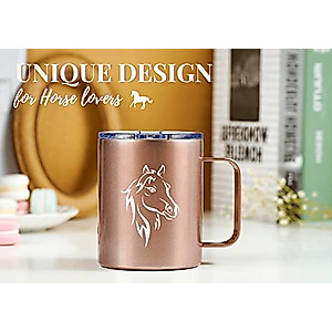 Onebttl Horse Gifts for Girls, Women, Horse Lovers, Insulated Stainless Steel Coffee Mug with Lid and Handle, Equestrians, Cowgirls Gifts for Birthday, Christmas, 12 oz, Rose Gold