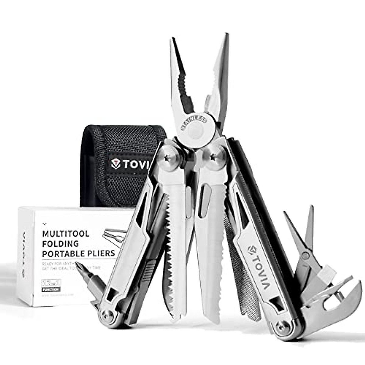 T TOVIA Multitool Pliers, 14 in 1 Stainless Steel Foldable Pliers Pocket Knife with Screwdriver, Bottle Opener, Light, Scissors, with Canvas Bag for Outdoor Survival Camping Simple Repair