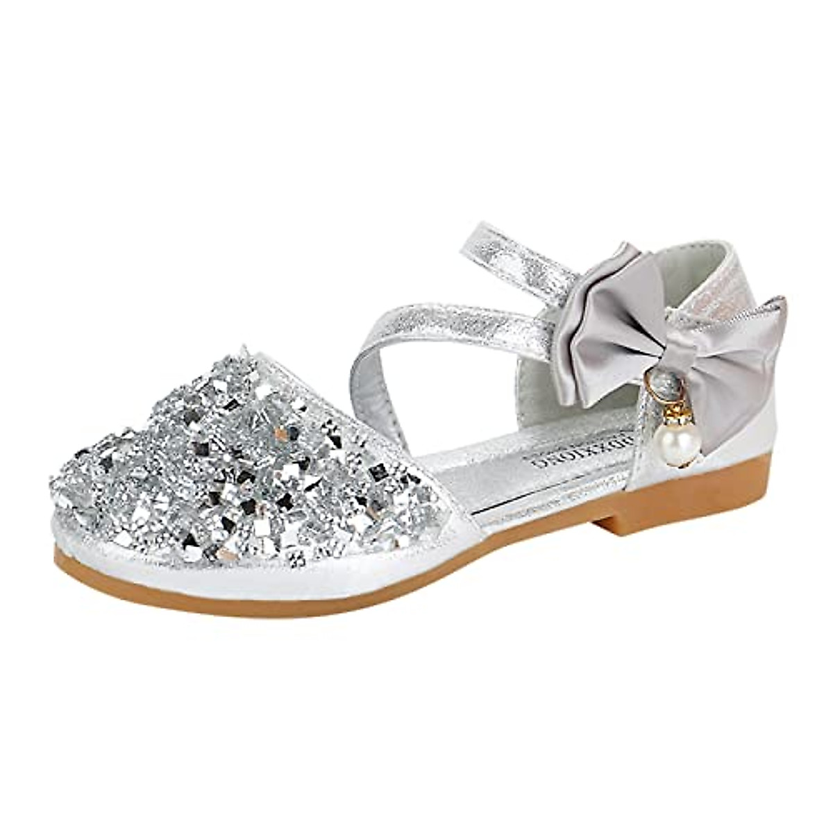 Lykmera Princess Shoes Infant Crystal Bowknot Girls Kids Single Pearl Bling Sandals Shoes Baby Girls Dancing Sandals Shoes (Silver, 11-11.5 Years Big Kids)