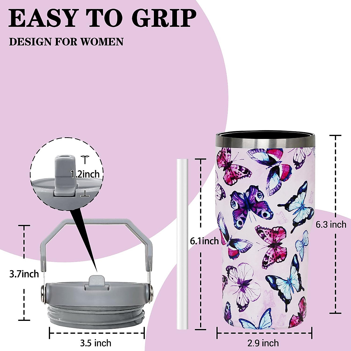 Hachishun Butterfly Tumbler with Handle, Stainless Steel Vacuum Insulated Flip Straw 20 oz Pink Butterfly Tumbler Spill Proof Coffee Travel Mug Butterfly Gifts for Women