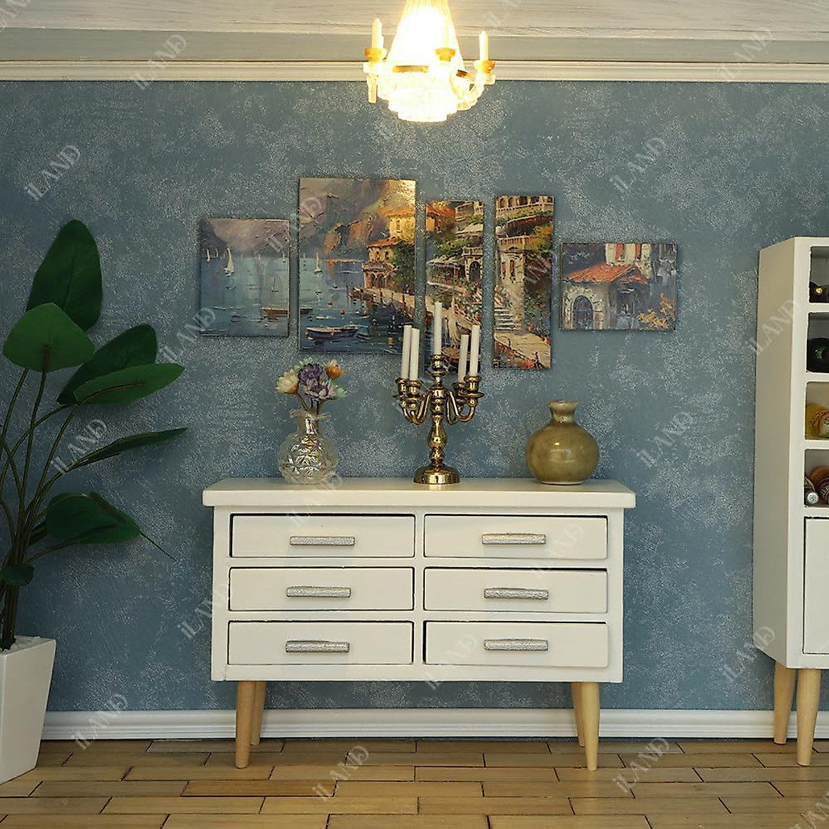 iLAND Dollhouse Furniture on 1/12 Scale of Dining-Room, Wooden Doll House Furniture Miniature of Table Chair & Cabinet (Modern Miniature Furniture 8pcs)