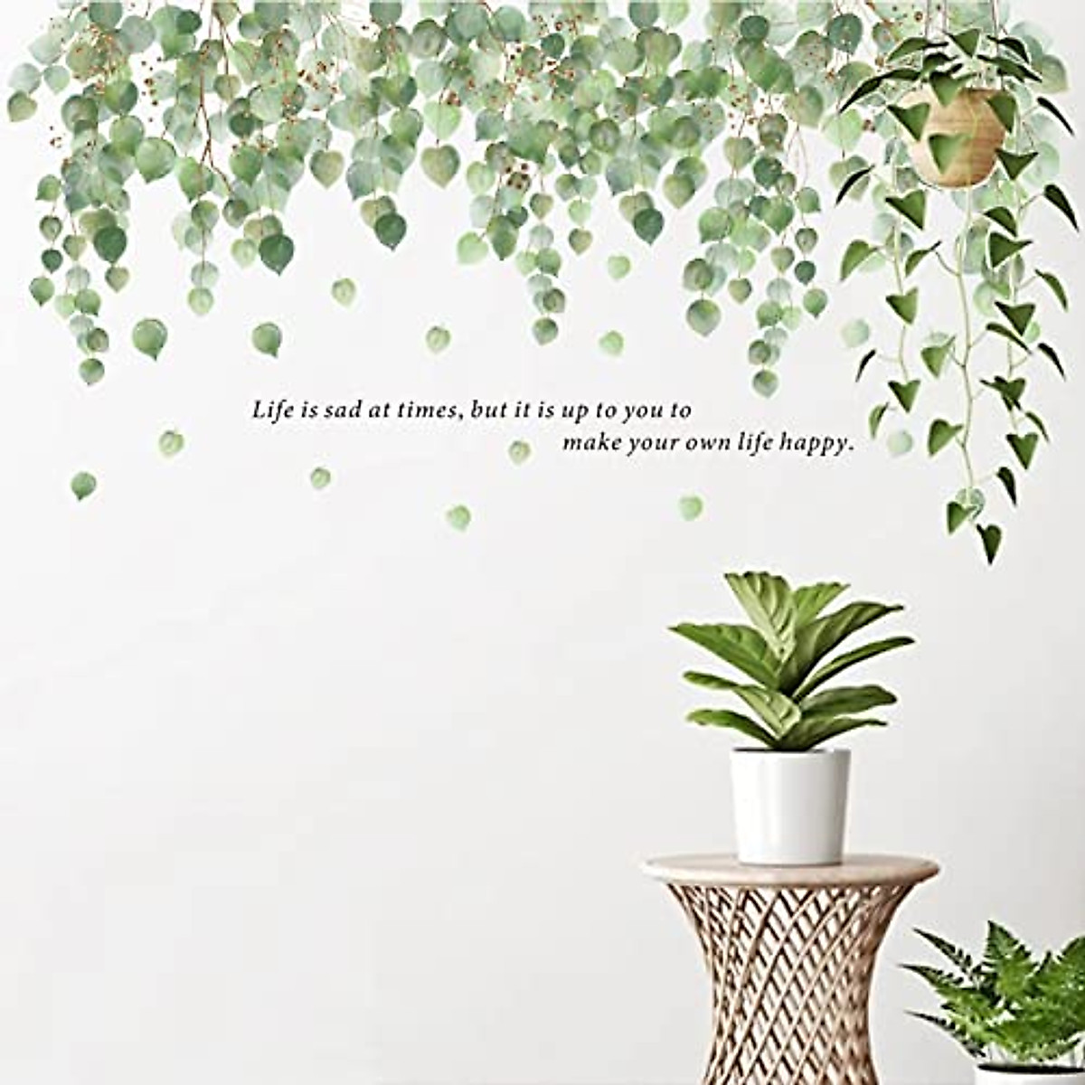 Hanging Green Vine Wall Decal Stickers for Bedroom Living Room, Removable Eucalyptus Green Plants Leaves Wall Art Mural Decor Home Nursery Office Decorations, 46.7" W X 32.2" H (C)