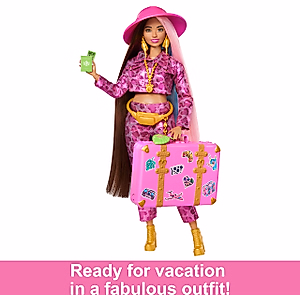 Barbie Extra Fly Travel Doll, Safari Look with Colorful Hair, Pink Camo Outfit, Golden Boots & Accessories