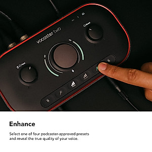 Focusrite Vocaster Two — Podcasting Interface for Recording Host and Guest. Two Mic Inputs and Two Headphone Outputs, with Auto Gain, Enhance, and Mute. Small, Lightweight, and Powered by Computer.