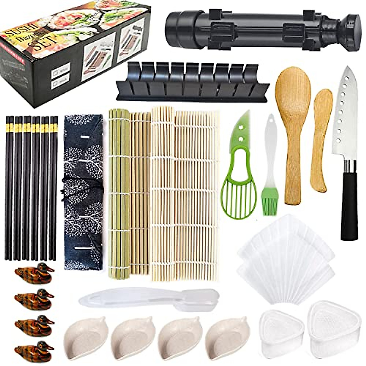 Niantime Complete Sushi Making Kit for Beginner, 30 in 1 Sushi Makers Kit Mold, with Bamboo Rolling Mats, Bazooka Roller, Sushi Rice Mold, Temaki Sushi Mats