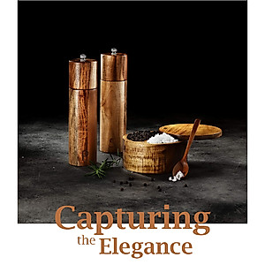 Wooden Salt and Pepper Grinder Set - Premium Set Includes Salt and Pepper Mill/Box with Swivel Lid, Spoon & Cleaner Tool - Perfect Salt and Pepper Shakers Gift (8 inch)