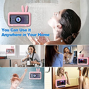 nediea Shower Phone Holder Waterproof, Cute Bunny 360° Rotation Bathroom Phone Case, Strongly 3M Adhesive Wall Mount Phone Holder for Bathroom, Kitchen, Sink, Support up to 6.8" Smartphones (Pink)