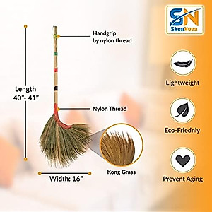SN SKENNOVA - 40-inch Tall of Thai Grass Broom Asian Straw Broom Whisk Broom House Broom Handmade for Sweeoing wth Multi Color Handle on random