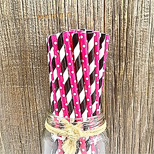 Outside the Box Papers Diva Theme Stripe and Polka Dot Paper Straws 7.75 Inches 100 Pack Hot Pink, Black, White