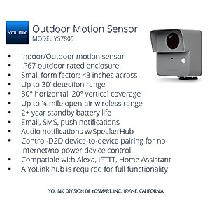 YoLink Smart Outdoor Motion Detector, Trespassing Alarm, Driveway Alert, 1/4 Mile Range LoRa-Powered Wireless Motion Sensor, App for Remote Monitoring & Alerts, Alexa, IFTTT. Hub Required!