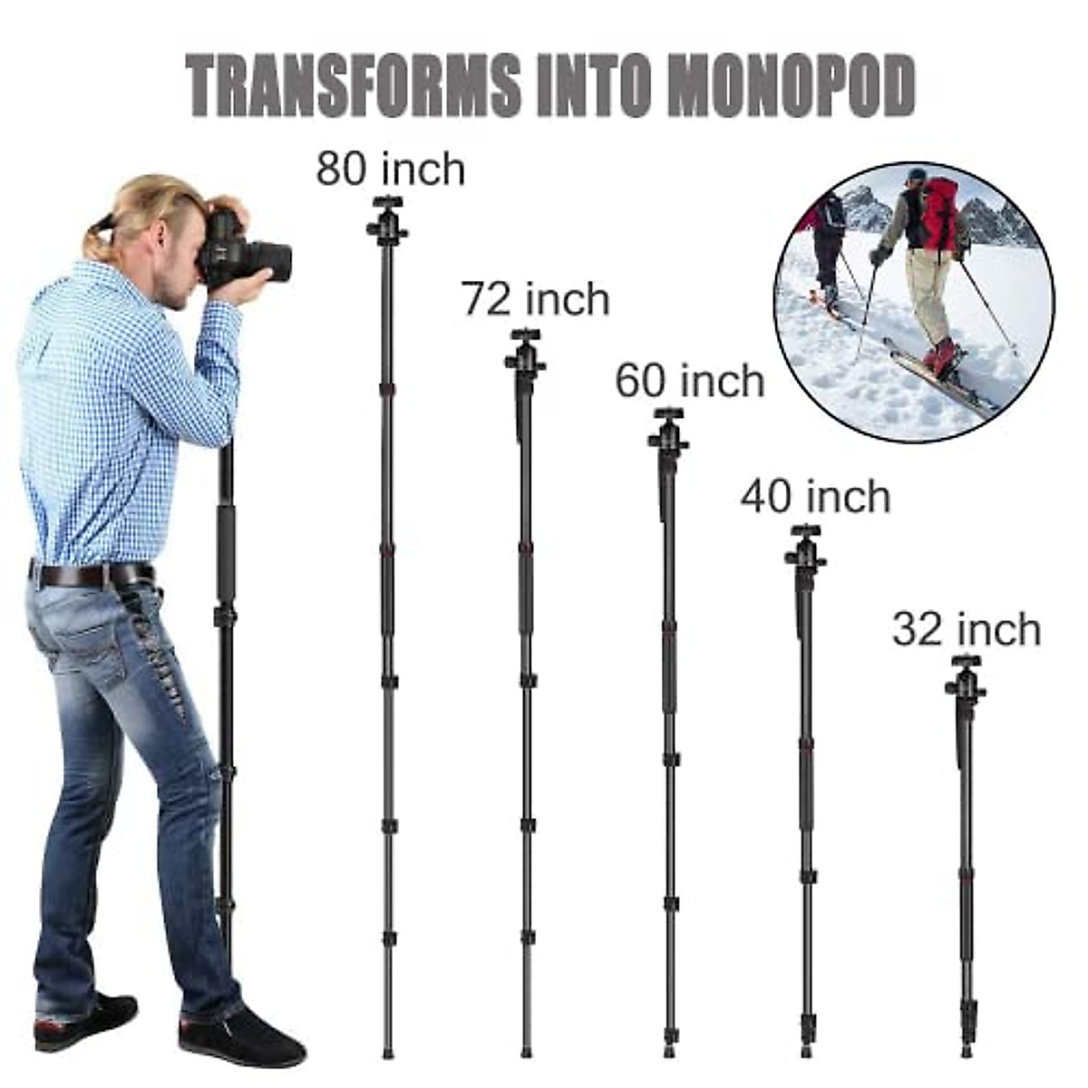 MACTREM 80" Camera Tripod, DSLR Tripod Heavy Duty for Travel, 360 ° Ball Head Professional Aluminum Tripod & Monopod with Carry Bag Compatible with Canon Nikon Sony Camcorder Phone, 33lb Load