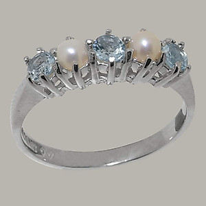 LetsBuyGold 925 Sterling Silver Natural Aquamarine & Cultured Pearl Womens Eternity Ring - Size 10