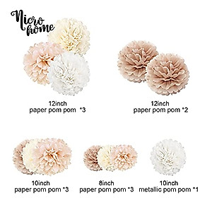 NICROHOME Wedding Decorations, 12 PCS Champagne Tissue Paper Pom Poms, Creamy White Paper Flowers for Engagement Receptions, Bachelorette, Birthday, Bridal Showers Party Supplies