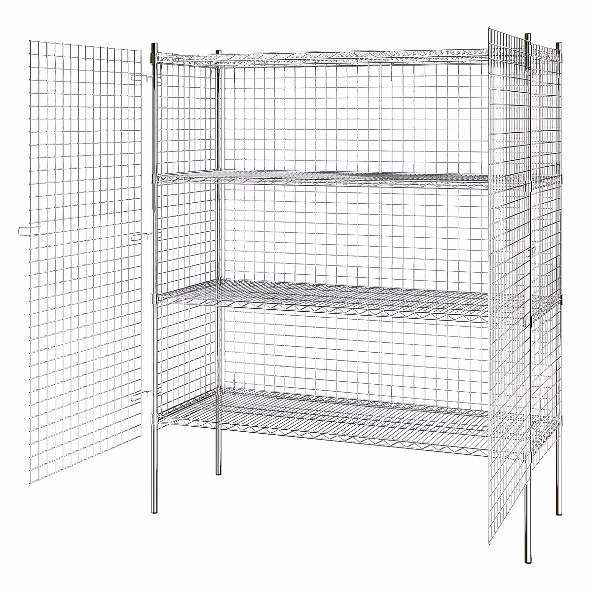 Krollen Industrial NSF Stationary Wire Chrome Security Cage Kit - 24" x 60" x 74" With 4 Shelves
