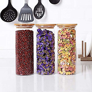 ComSaf Airtight Glass Storage Containers with Bamboo Lid (30oz Set of 3), Clear Food Storage Canisters with Lid, Kitchen Pantry Storage Jar for Flour Cereal Sugar Tea Coffee Beans Snacks, Round
