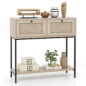 Giantex Console Table with Rattan Drawers - 31.5" Entryway Table w/ 2 Drawers & Open Storage Shelf, Metal Frame, Boho Style Long Sofa Side Table, Narrow Entry Table for Living Room Foyer Hallway