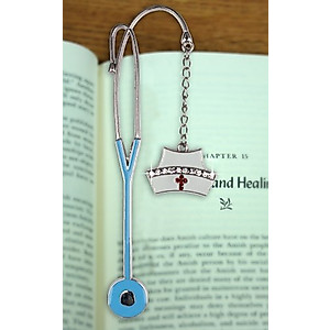 Nurse Bookmark - Enameled Stethoscope with Jeweled and Enameled Hat Charm - Nurses Day Gift - Nurse Appreciation