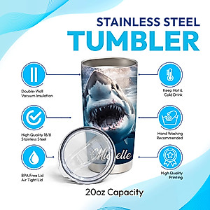 Hyturtle Personalized Gifts Shark Lover - Shark Printed Customized Name Stainless Steel Tumbler 20 oz With Lid - Idea Cute Sea Animal Lover Gifts For Women, Girl, Kids On Birthday, Christmas