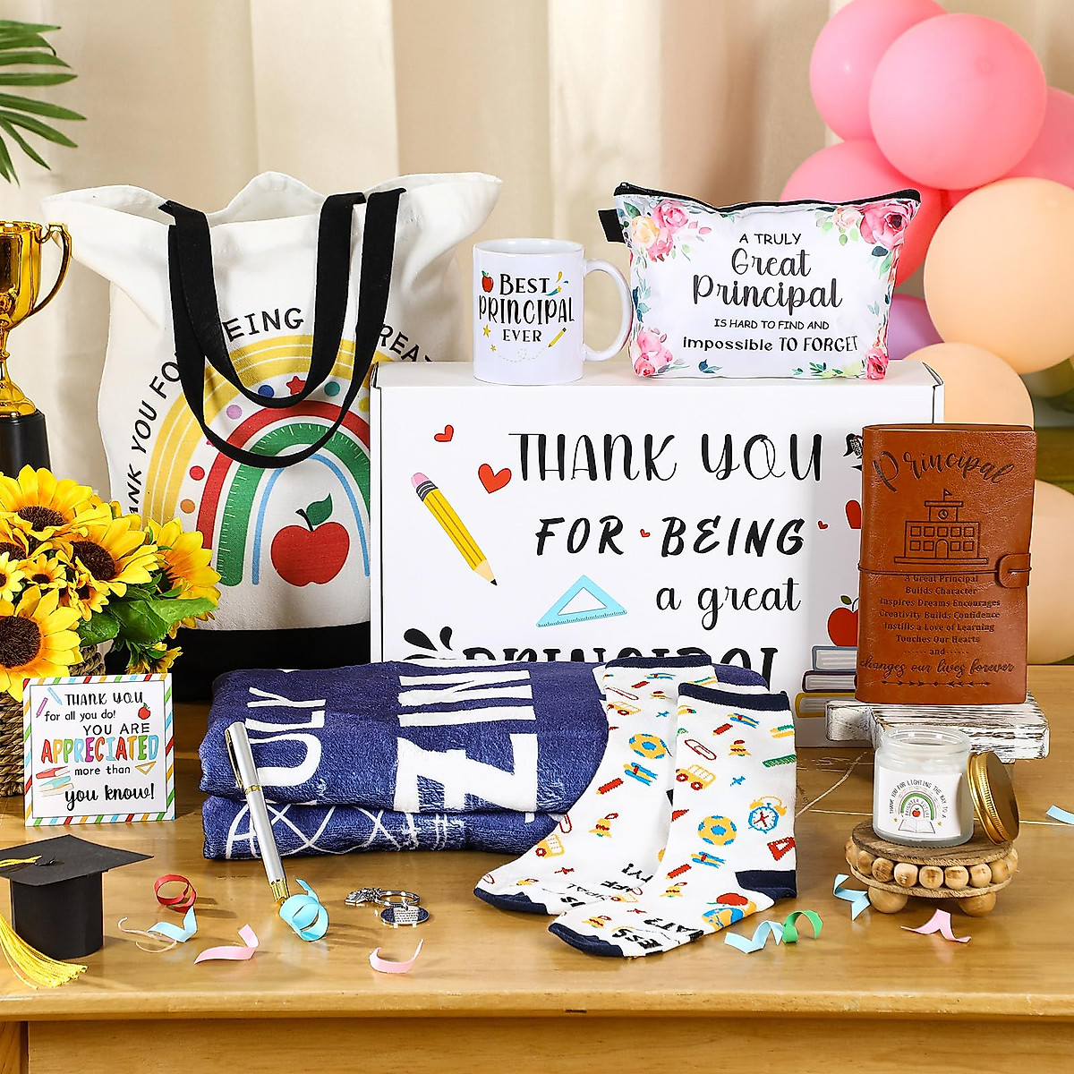 Skyygemm 11 Pcs Principal Gift Set Include Blanket Makeup Bag Coffee Mug Notebook Keychain Pen Tote Bag Sock Greeting Card Scented Candle Gift Box for Principal Retirement Birthday Graduation Gift