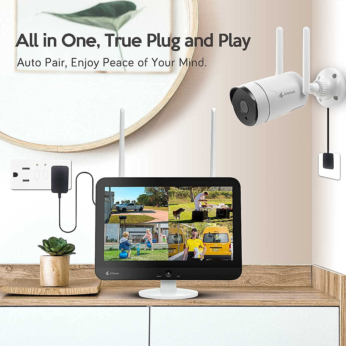 Kittyhok 2K All-in-one Wireless Security Camera System with 12'' Monitor, 8pcs WiFi Security Cameras for Home Security, 1TB HDD, 2-Way Audio, Remote Access, Motion Detection, Waterproof, Night Vision