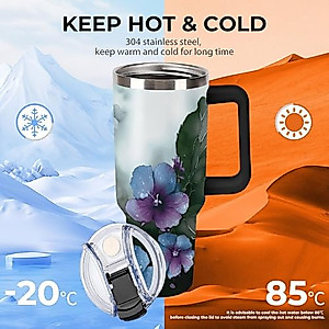 40 Oz Tumbler with Handle Blue Purple Flowers And Green Leaves Stainless Steel Coffee Mug Reusable Travel Mug Leak-proof Insulated Car Cup Large Capacity Tumbler for Travel, Outdoor, Home Use (Black)