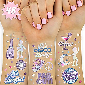 xo, Fetti Disco Birthday Party Temporary Tattoos - 48 Iridescent Foil Pcs | Birthday Girl Party Decorations, Dancing Queen, 70s Groovy Party