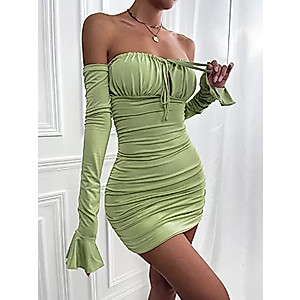 4UFIT Women's Sexy Long Sleeve Off Shoulder Ruched Party Mini Dress Green