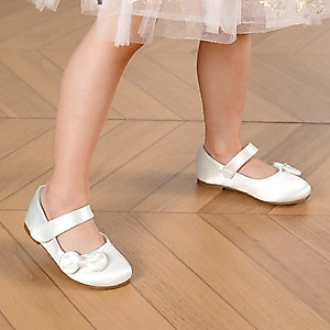 DREAM PAIRS Toddler Dress Shoes Mary Jane Flats for Girls Side Bow Ballerina Shoes,Size 5 Toddler,White/Satin,Angel-5