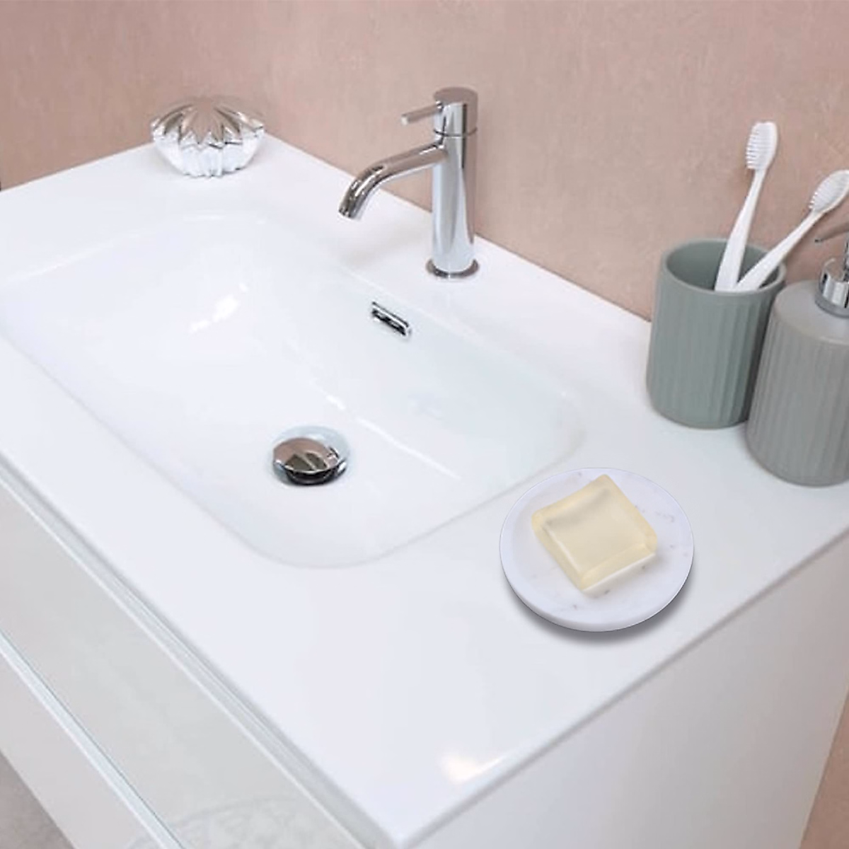 WORHE Marble Soap Dish Italy Natural Stone Sponge Holder for Bathroom Tub Shower Kitchen Sink, Handcraft Round Soap Case Organizer Trinket Plate Jewelry Tray Coaster for Home Decor White (DL008)