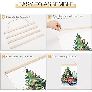 Magnetic Poster Hanger Frame, Red Truck Light Wooden Magnet Frame Hanger for Posters, Prints, Photos, Pictures, Maps, Scrolls, And Canvas Artwork, Xmas Tree Wall Hanging Kit