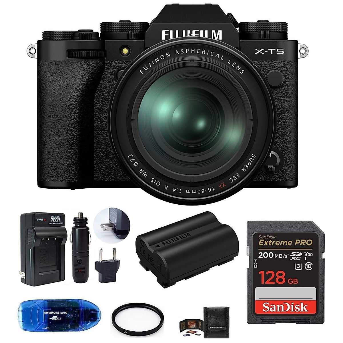 Fujifilm X-T5 Mirrorless Digital Camera with XF 16-80mm f/4 R OIS WR Lens Bundle, Includes: SanDisk 128GB Extreme PRO SDXC Memory Card, Spare Fujifilm NP-W235 Battery + More