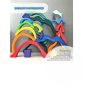 moderngenic 'Four Elements' Rainbow X-Large Rainbow Blocks, Wooden Toys for Kids, Geometric Building Puzzle, Volcano/House Educational Set